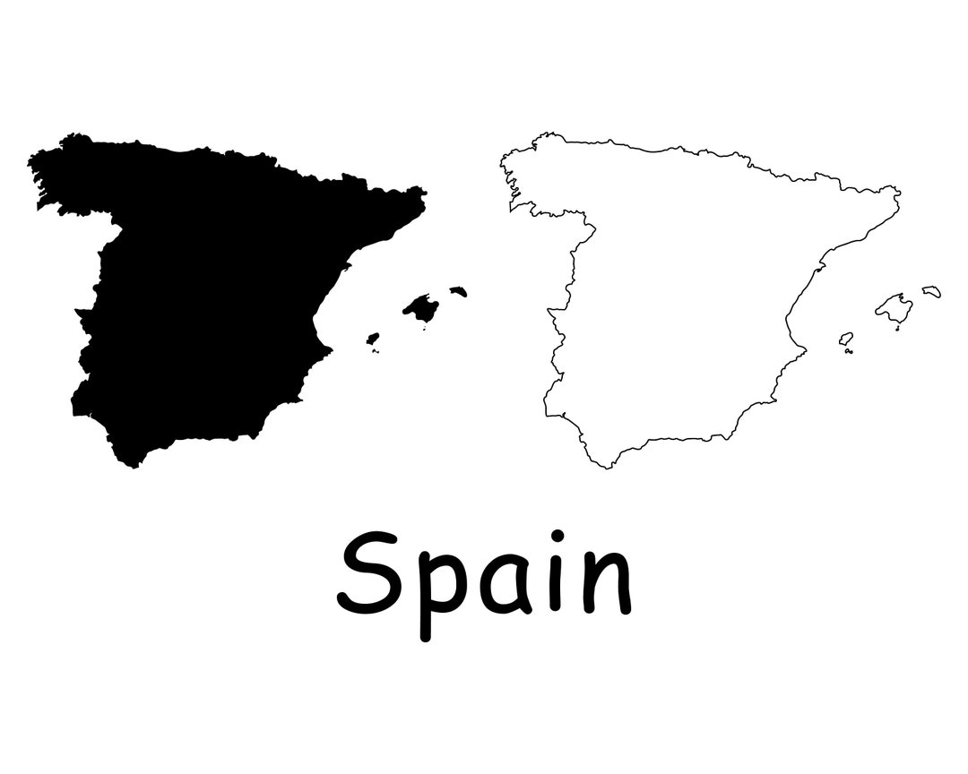 Map of Spain, Spanish Map, Black and White Detailed Solid Outline ...