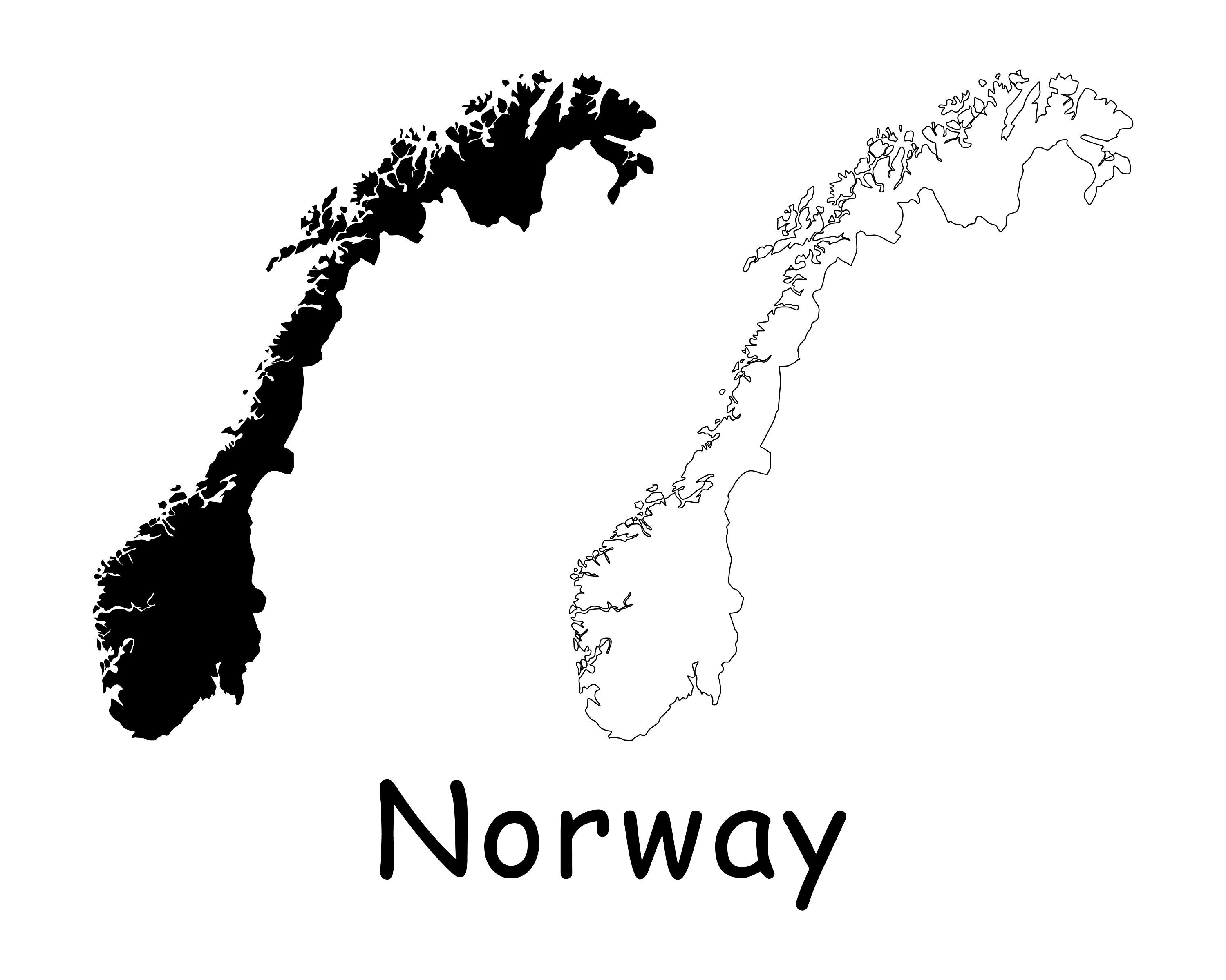 Map of Norway, Norwegian Map, Black and White Detailed Solid Outline ...