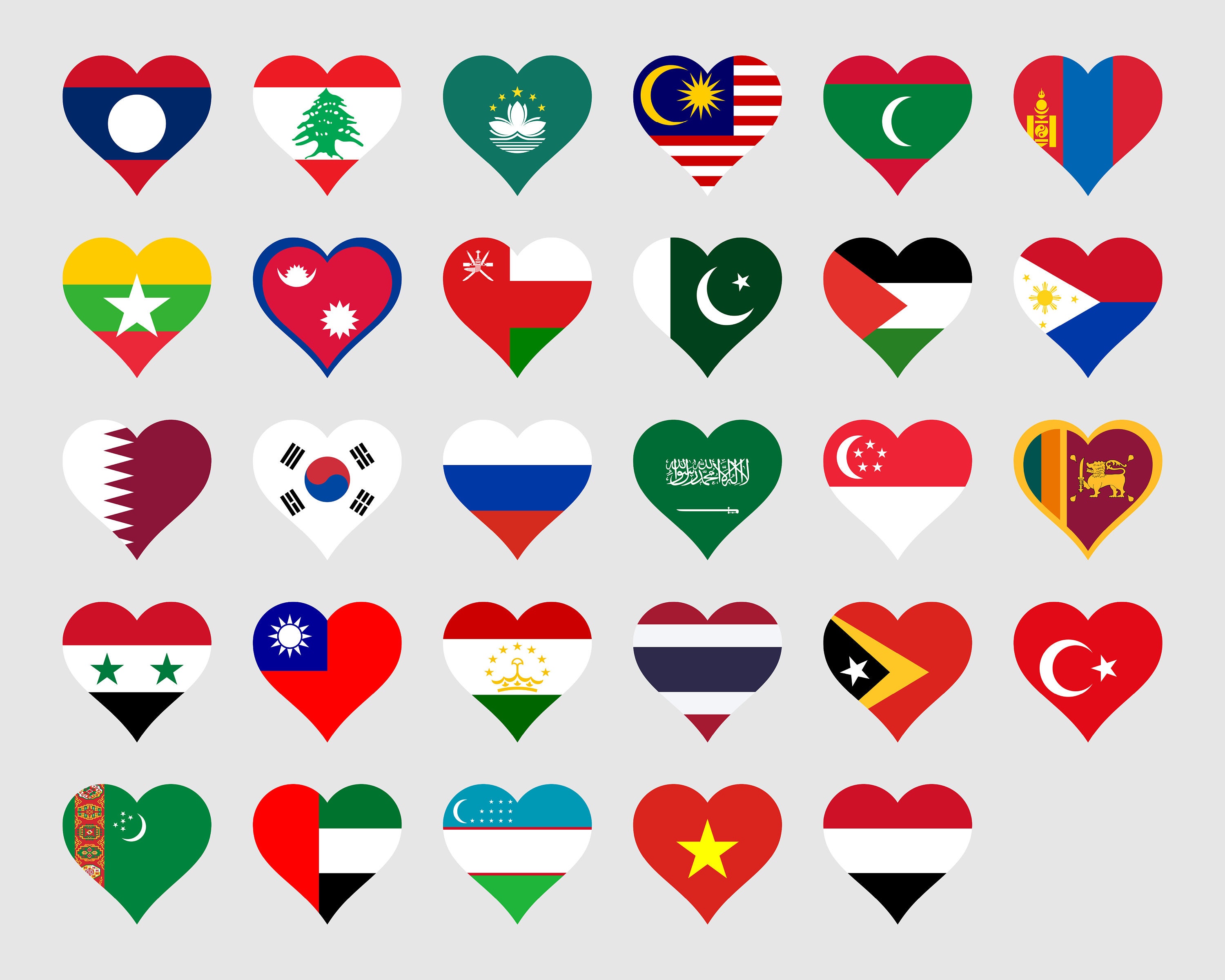Asian Countries National Heart Flags SVG Bundle Set, Asia Country ...