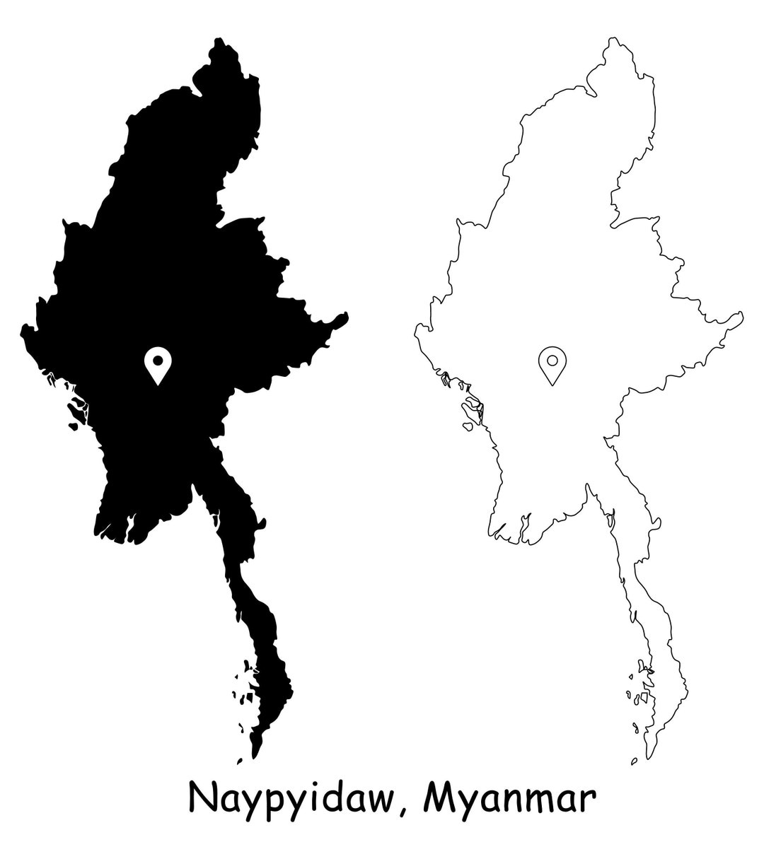 Naypyidaw Myanmar Burma Map Capital City Country Location Pin Black ...