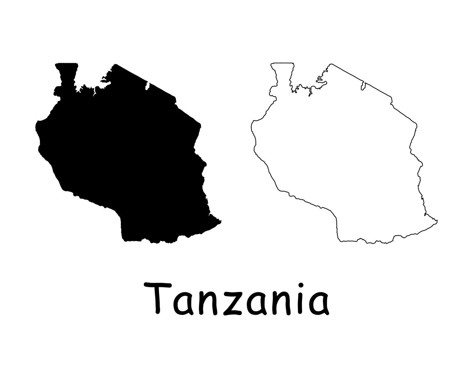 Map of Tanzania, Tanzanian Map, Black White Detailed Solid Outline ...