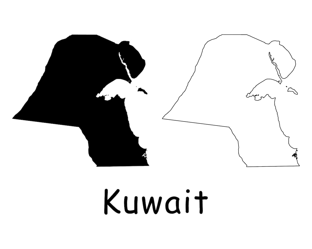 Map of Kuwait, Kuwaiti Map, Black and White Detailed Solid Outline ...