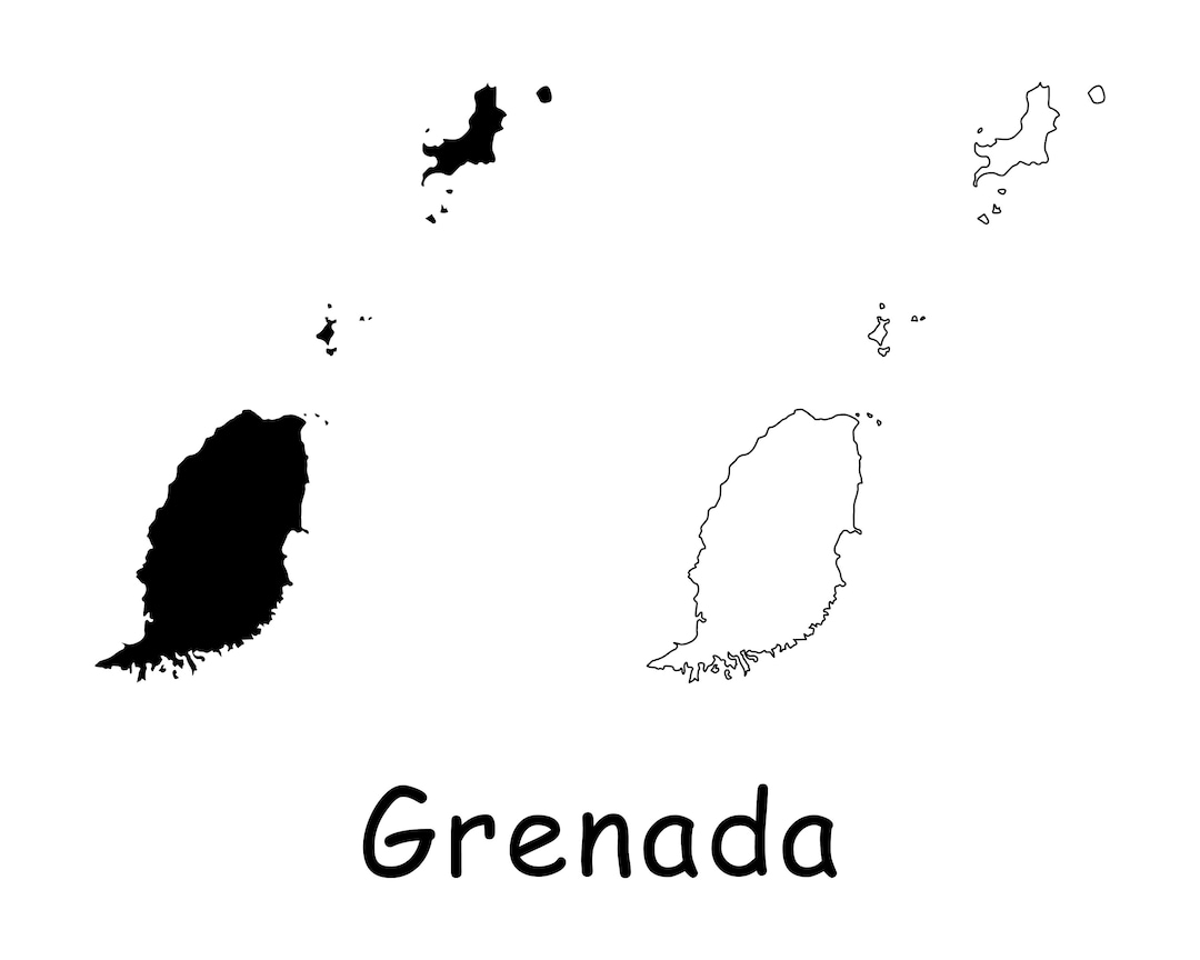 Map of Grenada, Grenadian Map, Black and White Detailed Solid Outline ...