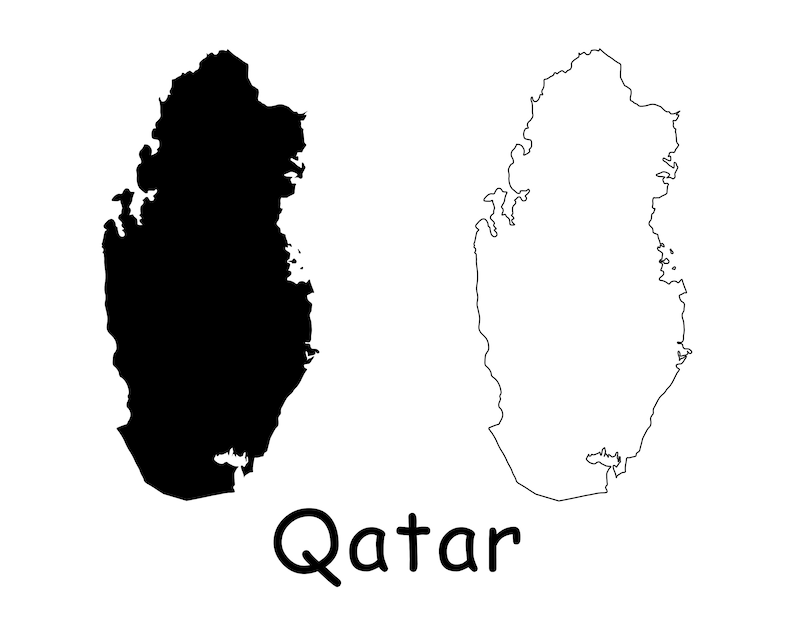 Map of Qatar, Qatari Map, Black and White Detailed Solid Outline ...