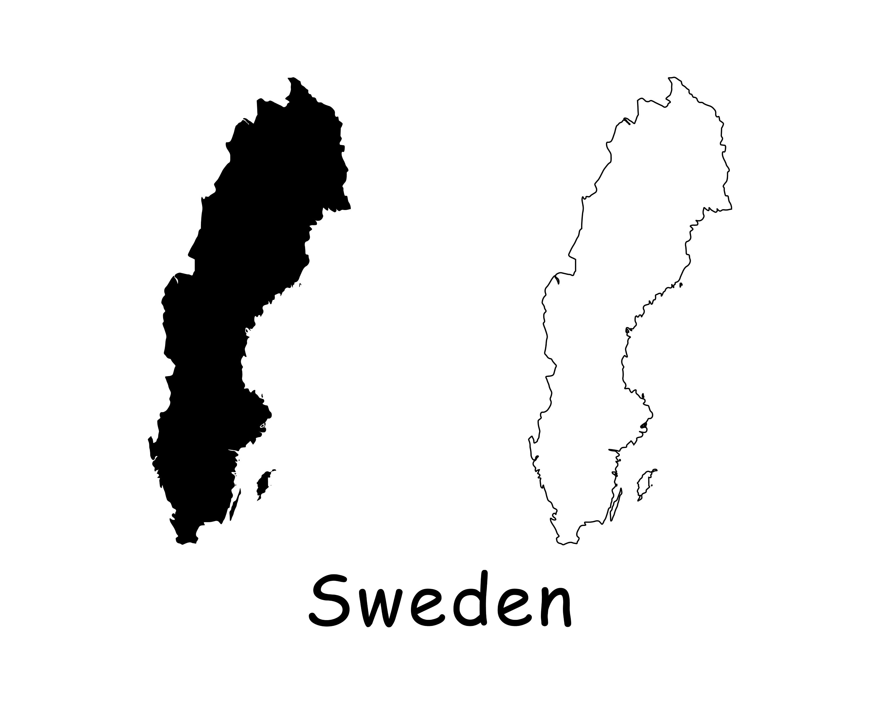 Map of Sweden, Swedish Map, Black and White Detailed Solid Outline ...