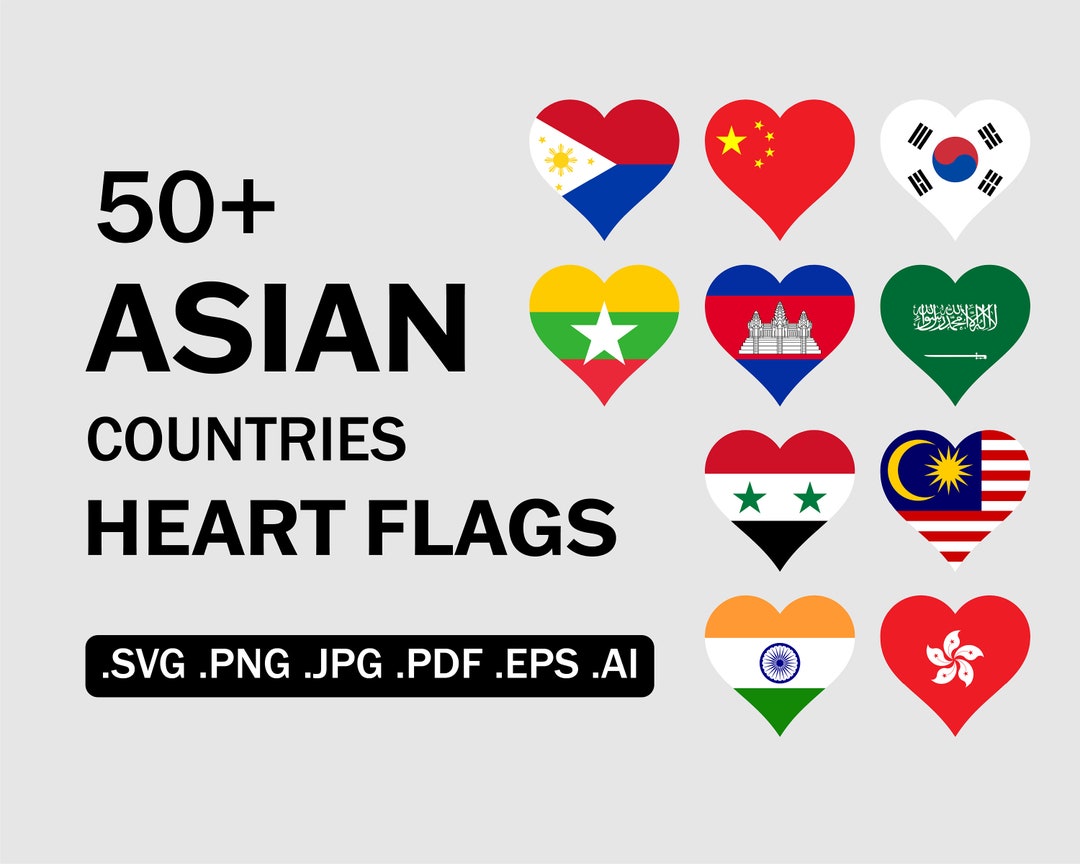 Asian Countries National Heart Flags SVG Bundle Set, Asia Country ...