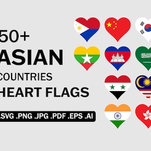 Asian Countries National Heart Flags SVG Bundle Set, Asia Country ...