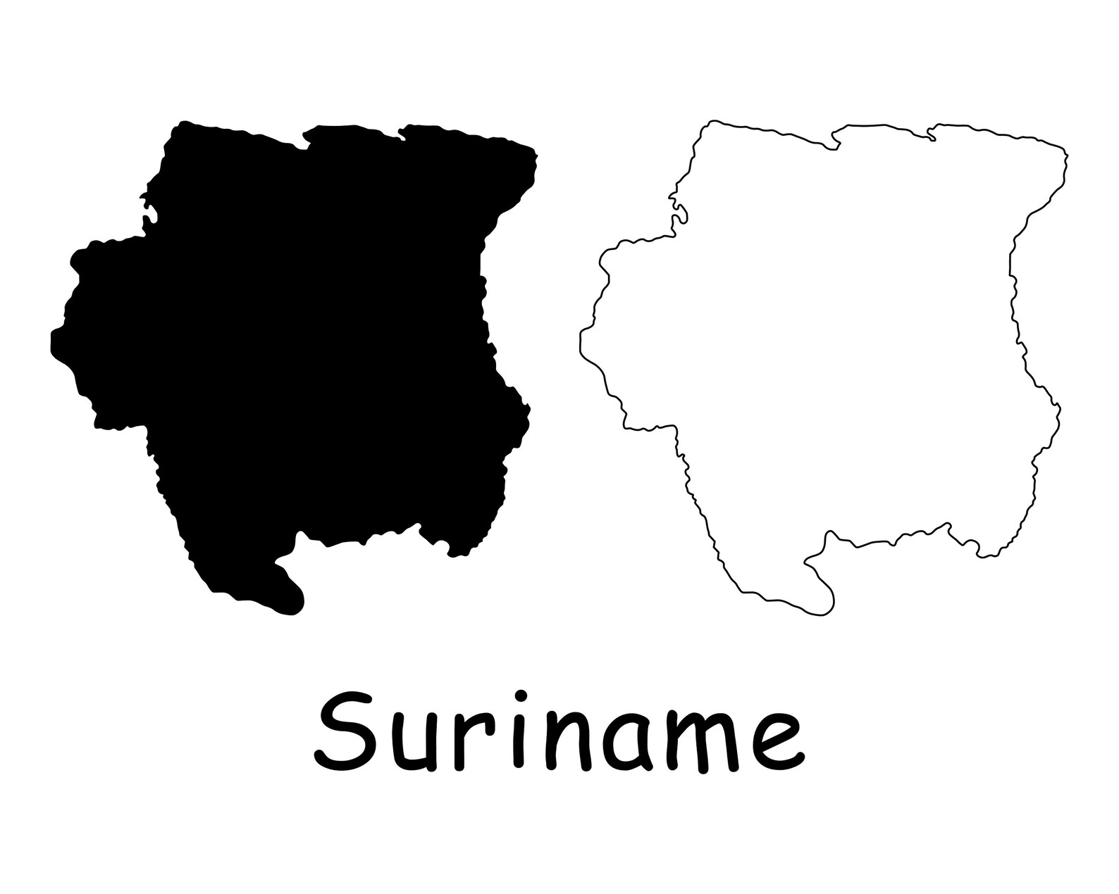 Map of Suriname, Suriname Map, Black and White Detailed Solid Line ...