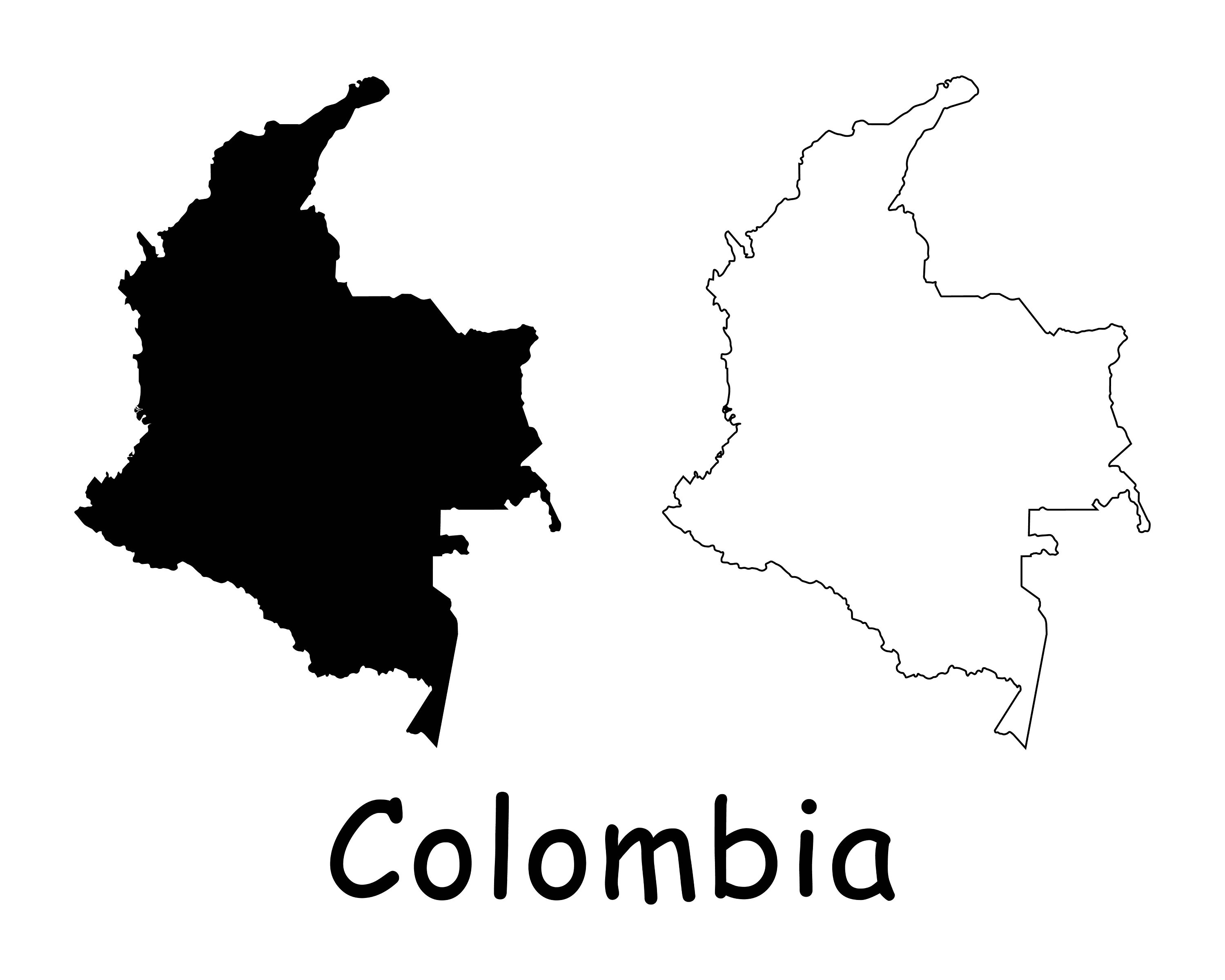 Map of Colombia, Colombian Map, Black White Detailed Solid Outline Boundary Country Map of ...