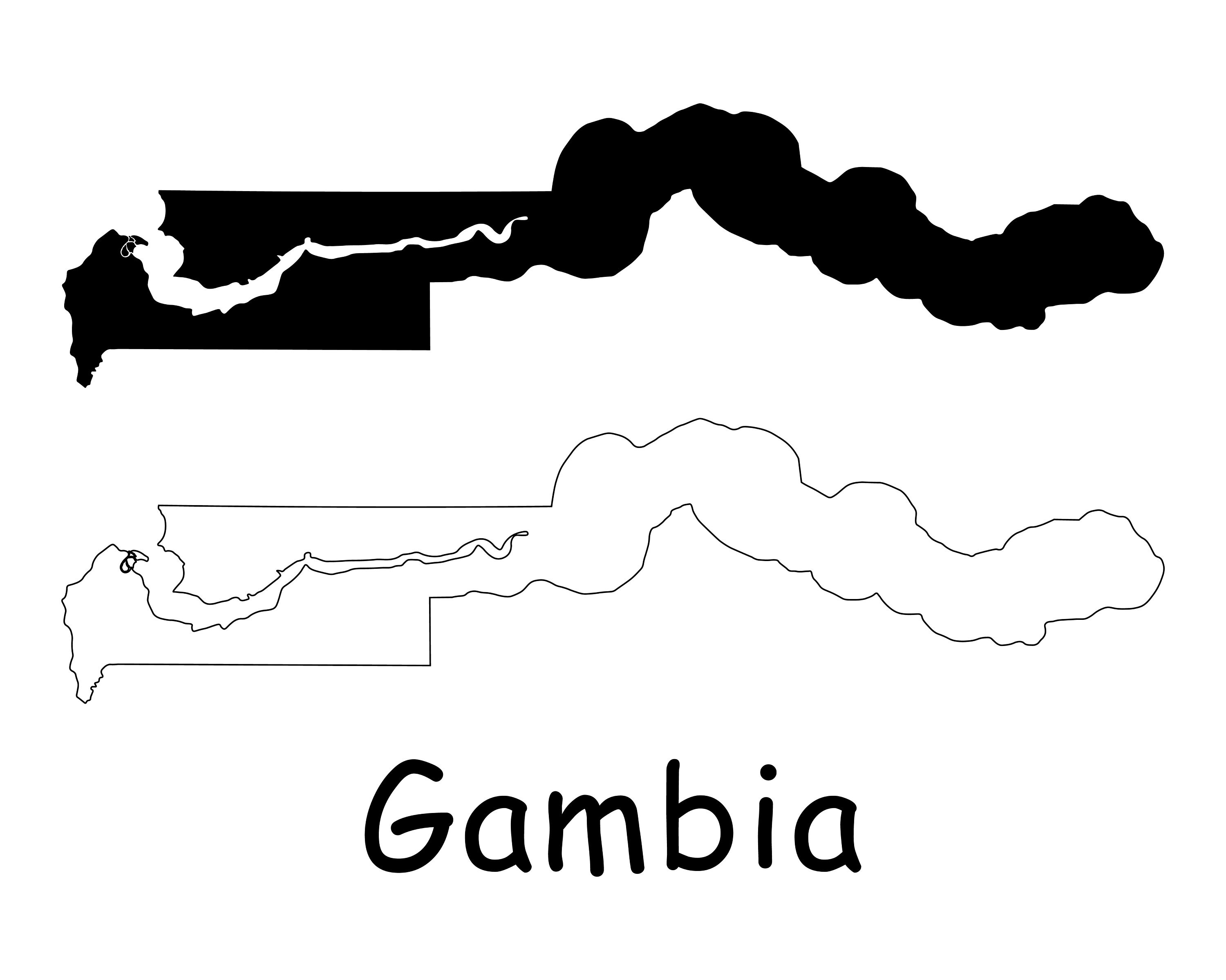 Map of Gambia, Gambian Map, Black and White Detailed Solid Outline ...