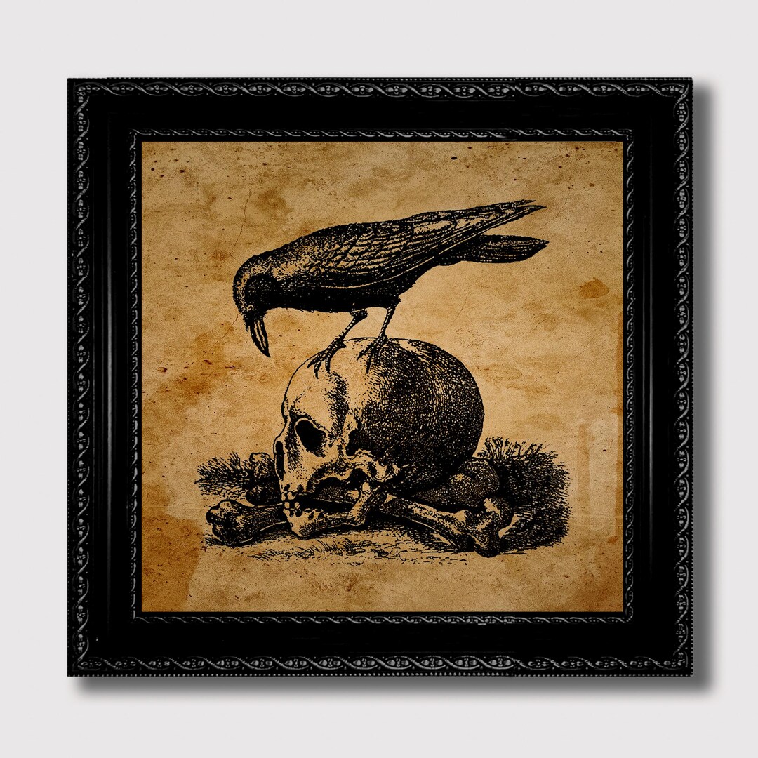Gothic Raven & Skull Art Print – Macabre Vintage Illustration for Dark ...