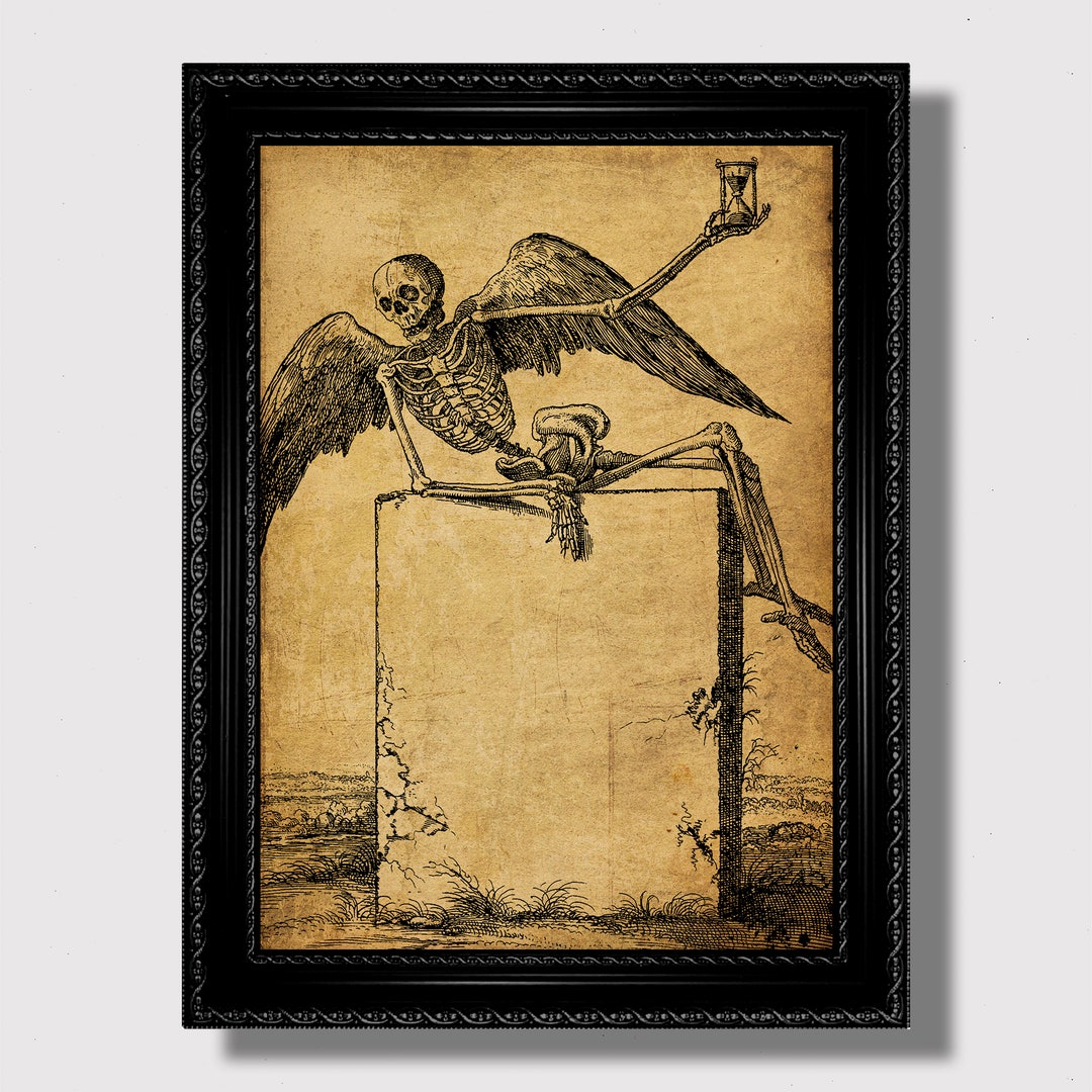 Skeleton on Tombstone With Hourglass – Dark Symbolic Art Reproduction ...