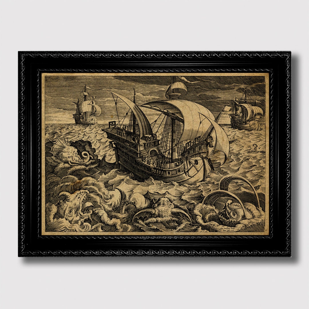 Medieval Ship and Sea Monsters – Vintage Ocean Horror Print, Nautical ...