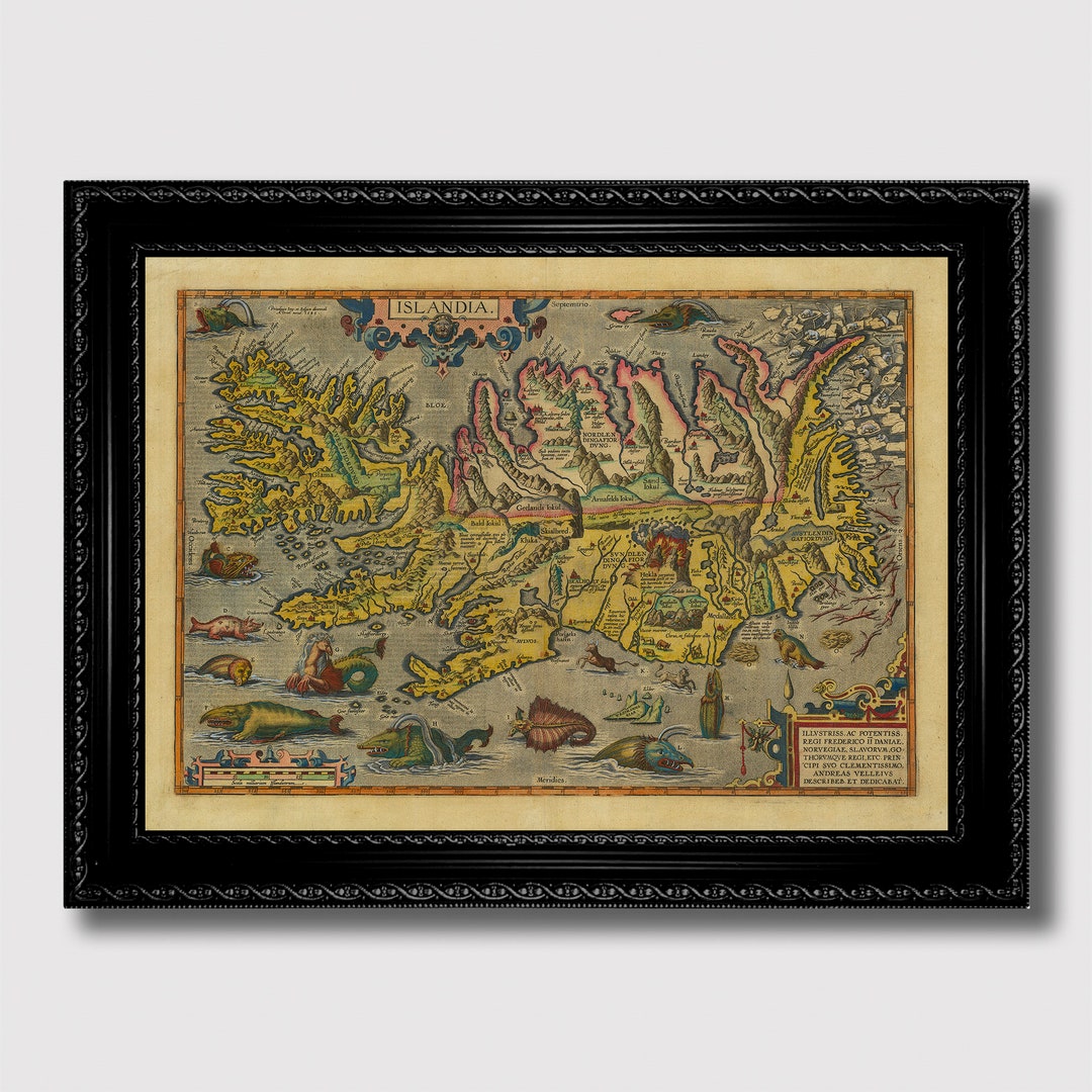 Vintage Map of Iceland – Mythical Sea Creatures, Historical Norse ...