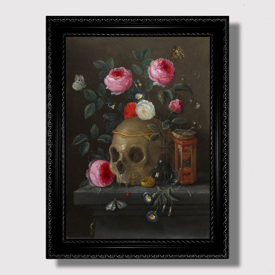 Symbols of Mortality: Human Skull, Hourglass, Withering Flowers and ...
