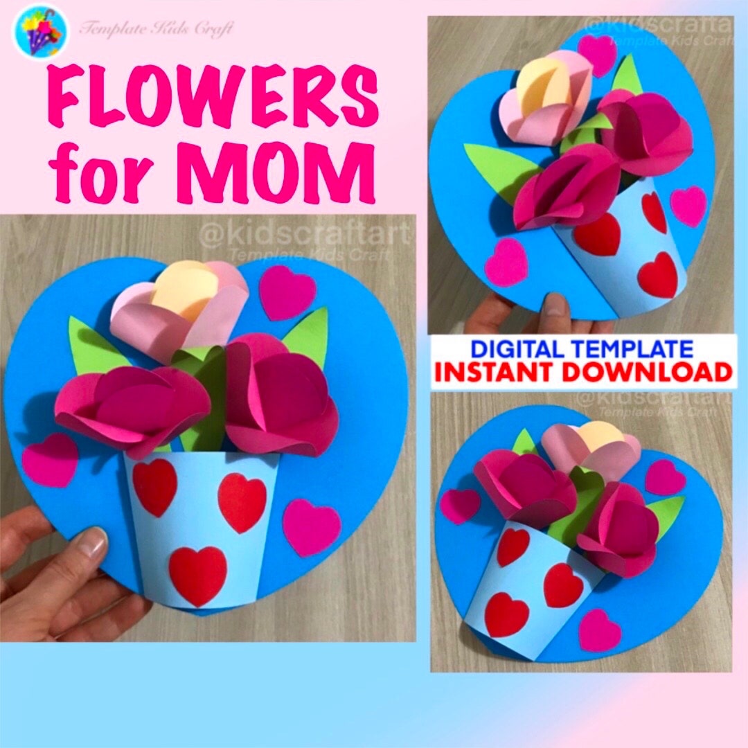 Mothers Day Card Printable 3D Flower Heart Valentines Day Craft for ...