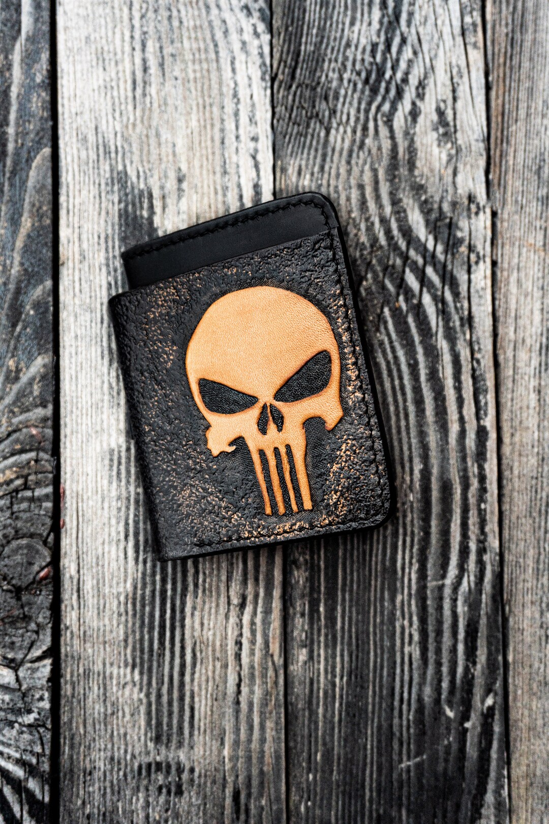 Handmade Punisher Black Leather Wallet Gift for Him - Etsy