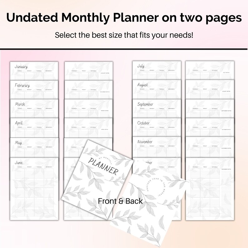 Simple Leaf Undated Monthly Calendar, Printable Month on Two Pages ...