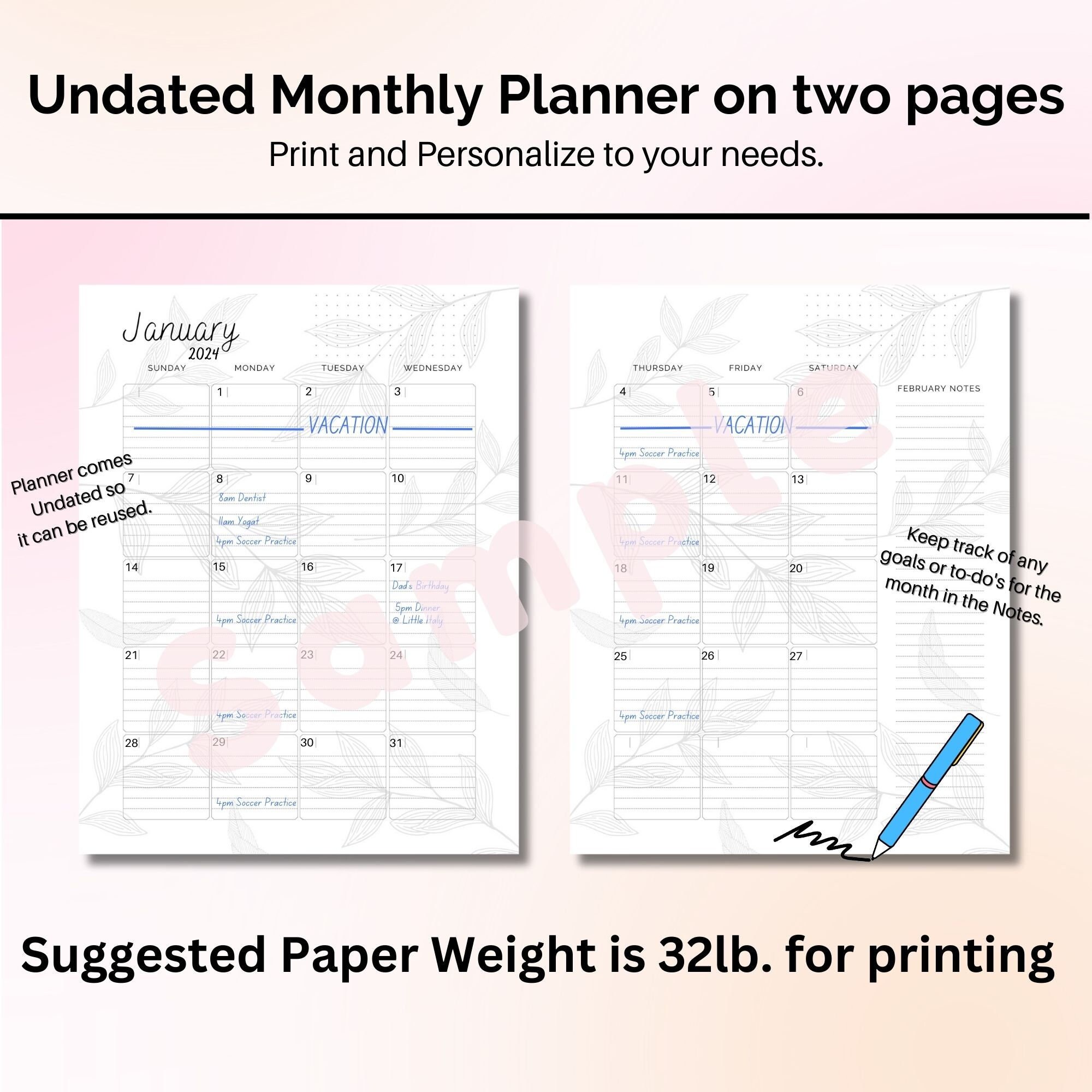 Simple Leaf Undated Monthly Calendar, Printable Month on Two Pages ...