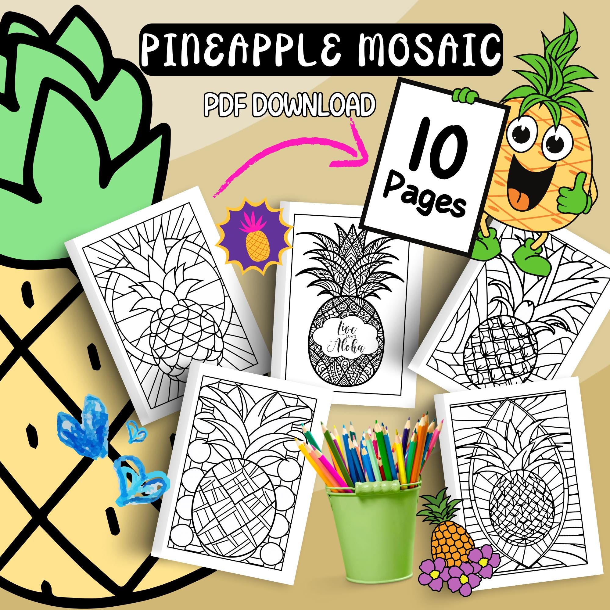 Coloring Pages Pineapple Mosaic | Tropical Art-inspired Designs for ...