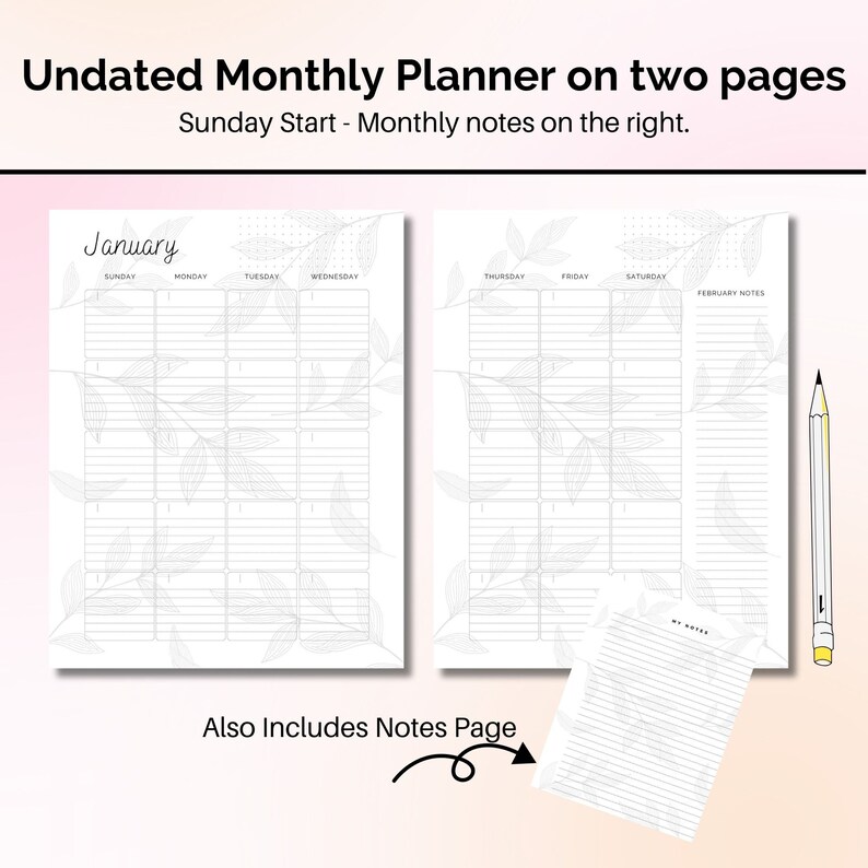Simple Leaf Undated Monthly Calendar, Printable Month on Two Pages ...