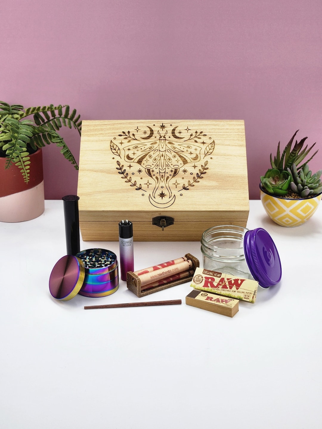 Luna Moth Weed Stash Box Set With Grinder, Smell-proof Jar, Lighters ...