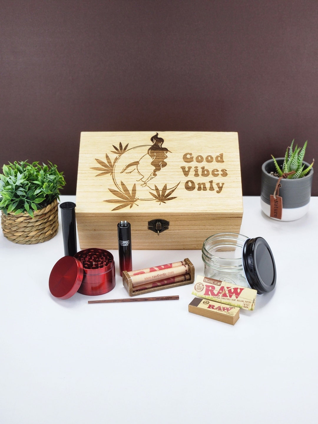 Good Vibes Only on Stash Box With Grinder, Smell-proof Jar, Lighters ...