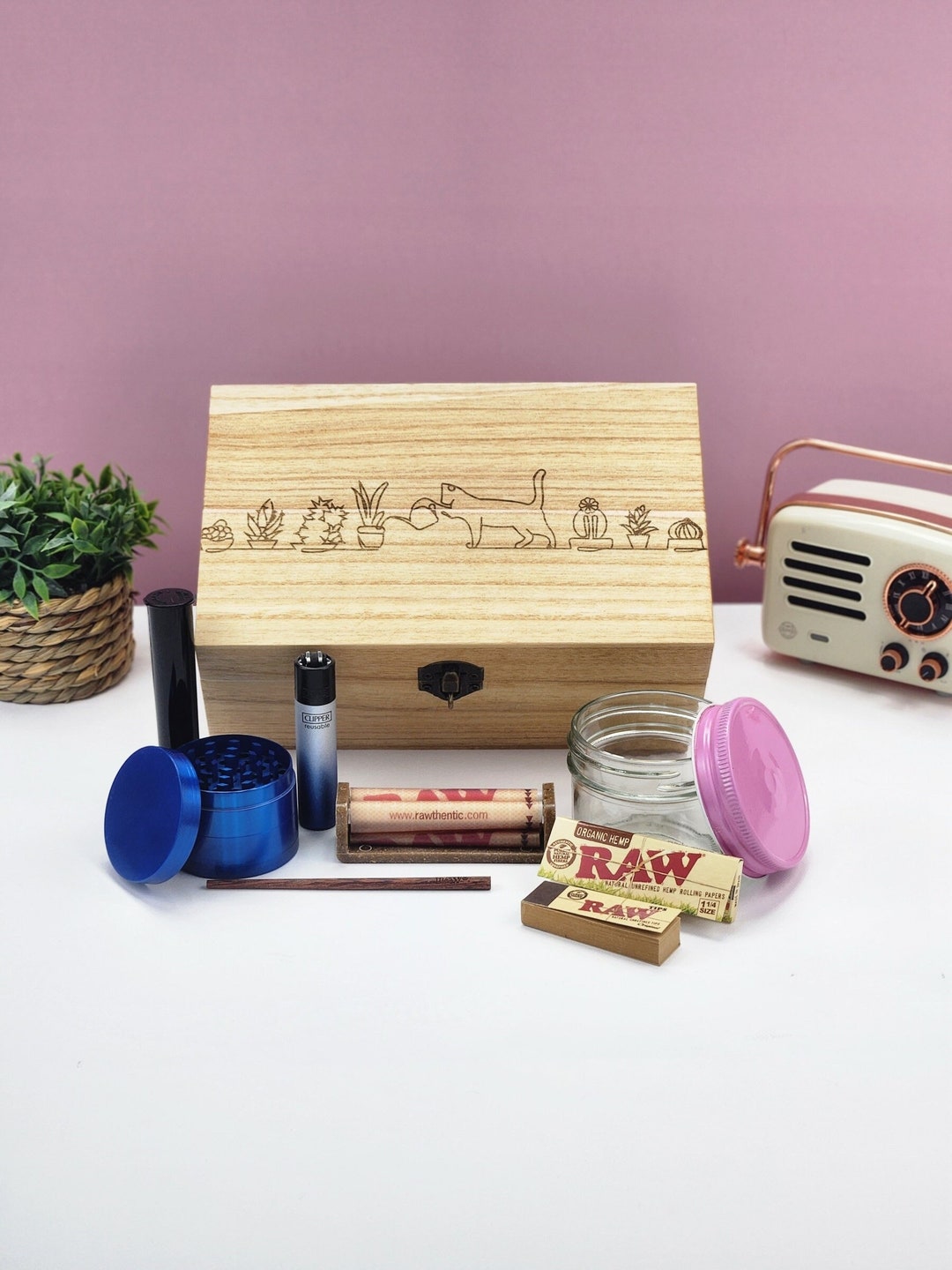 Weed Stash Box Set Cat Watering Plants Gift Box for Stoner, Odor ...