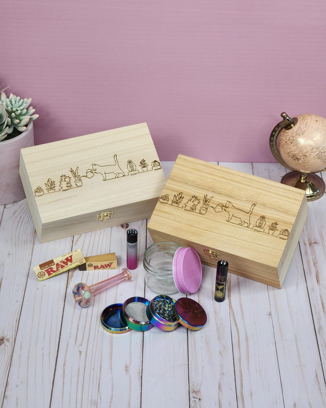 Stash Box Set With Cat Watering Plants Engraving W/ Smoking Accessories ...