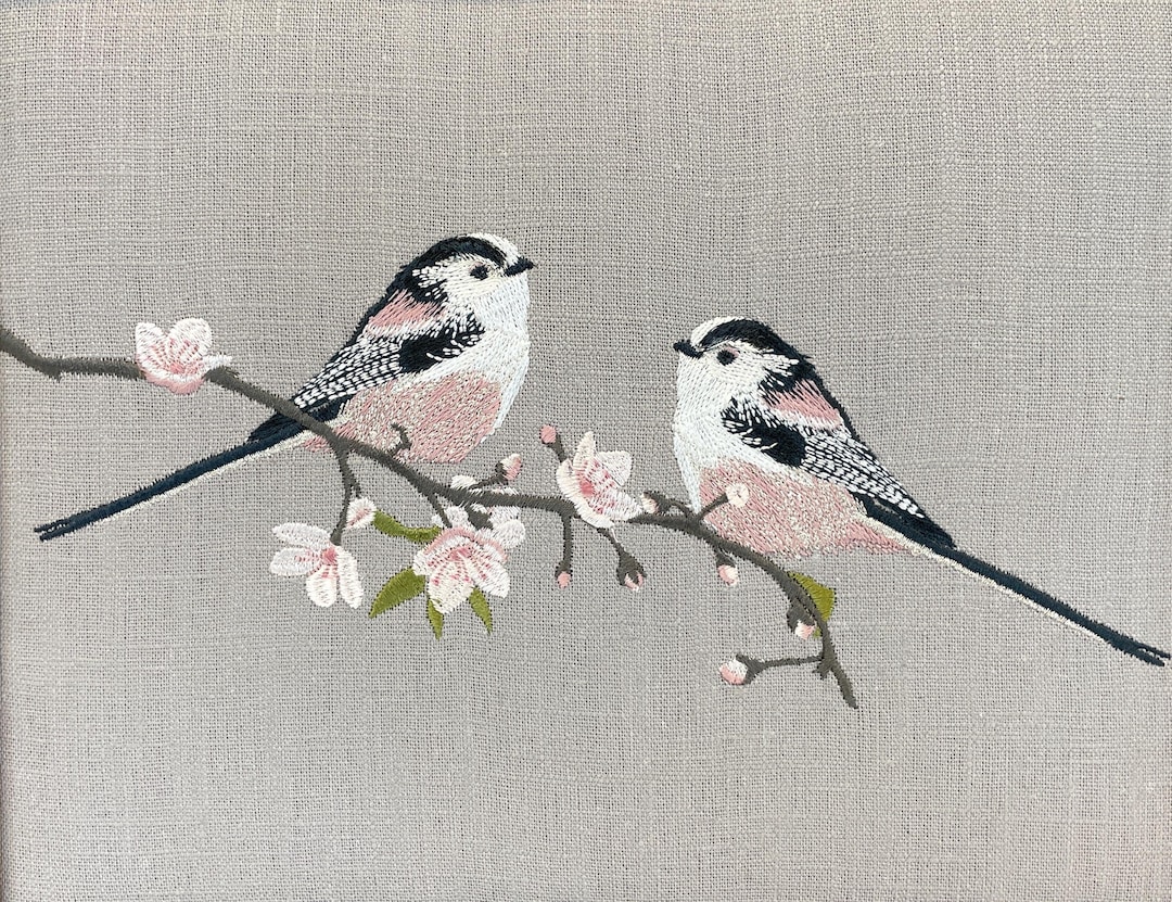 Long Tailed Tits Embroidered Textile Art Pink Blossom Grey Framed