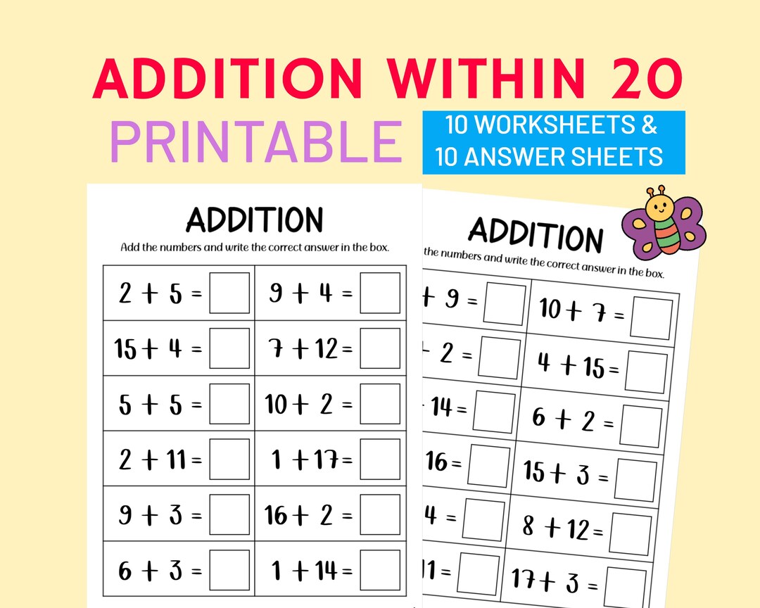 10 Printable Addition Within 20 Worksheets for Kindergarten, 1st Grade ...