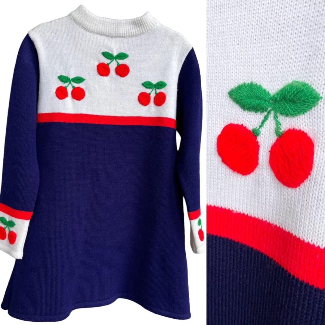 1970s Alyssa Brand Vintage Girls Acrylic Dress Navy Blue and White With ...
