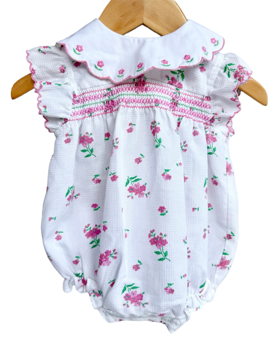 1980s White, Pink and Green Smocked Piqué Floral Bubble Romper | Made in the Philippines | 3-6M ...