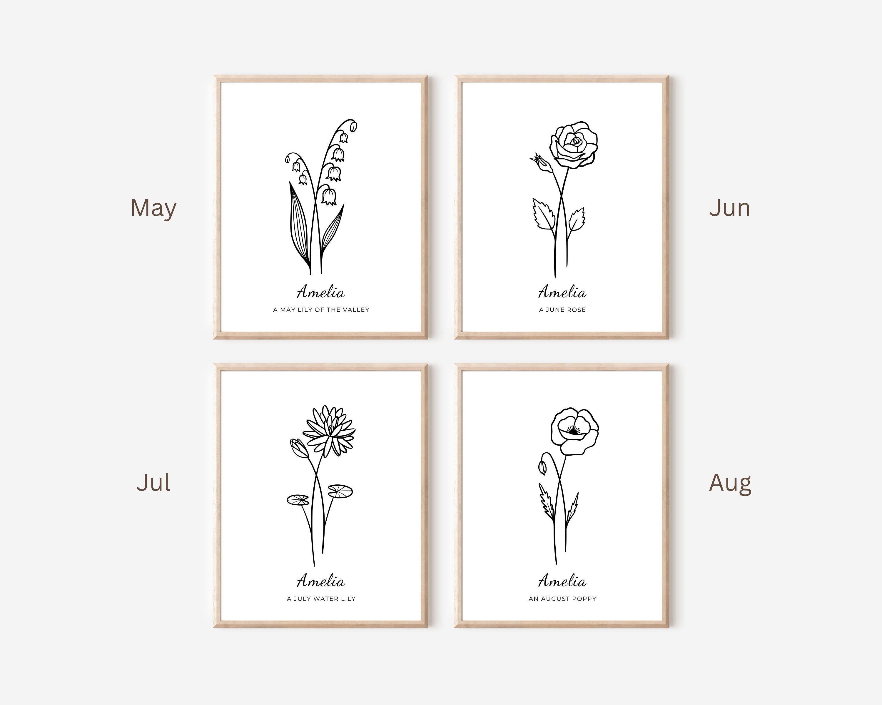 Custom Birth Flower Gift Birth Flower Name Print Line - Etsy