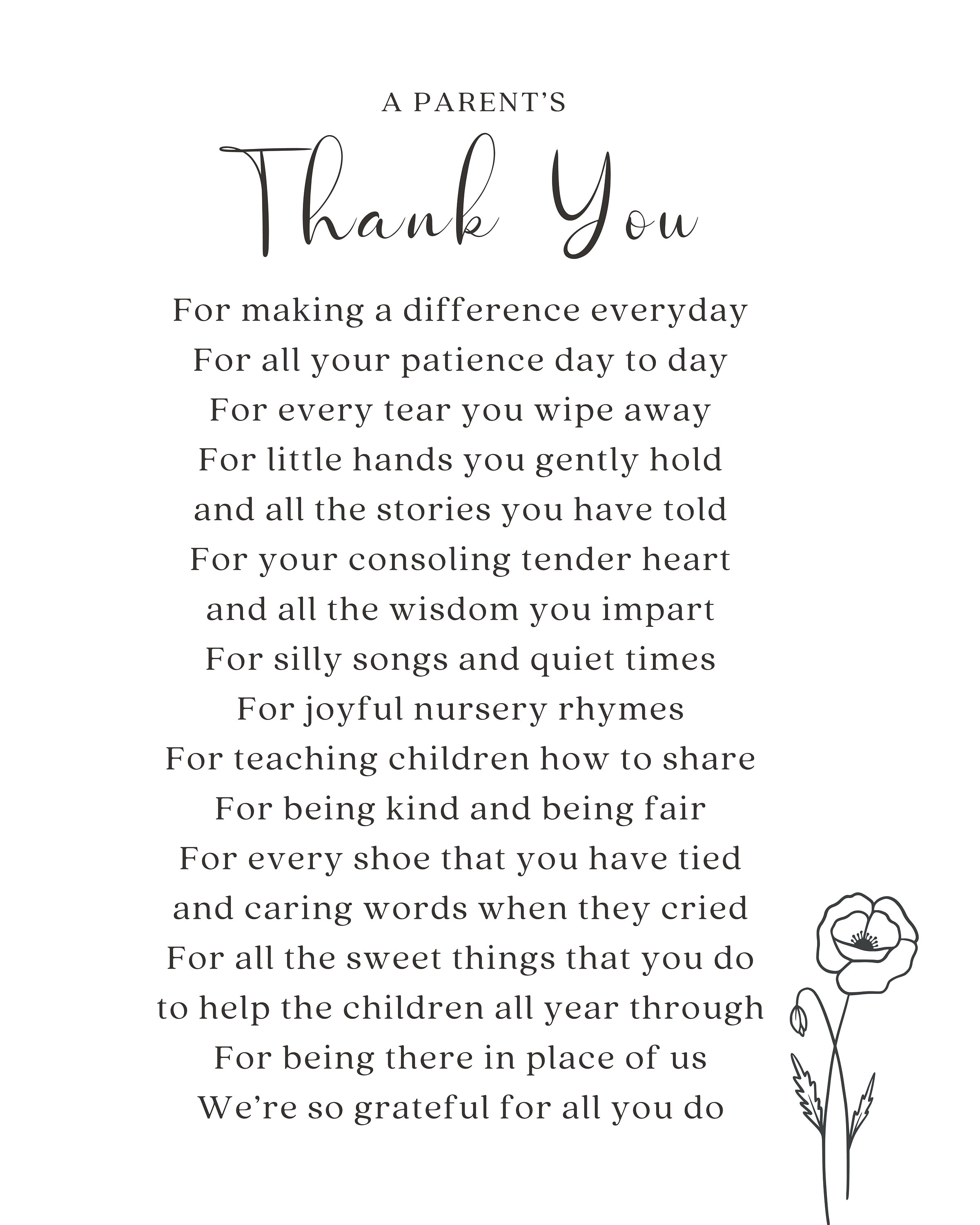 A Parents Thank You Poem Printable, Teacher Thank You Gift, Early ...