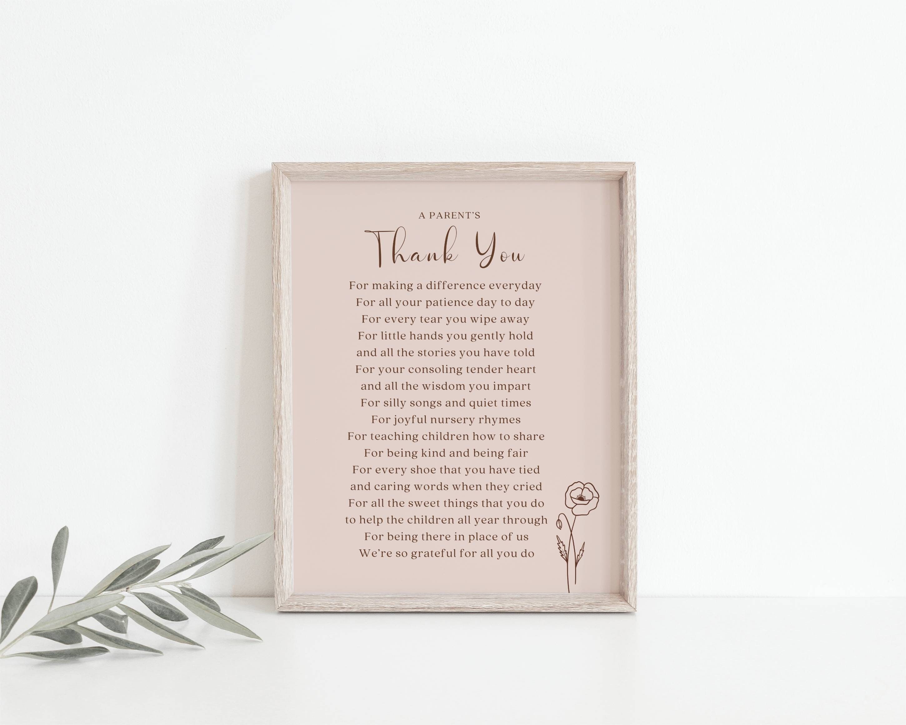 Teacher Thank You Gift, A Parents Thank You Poem Printable, Nursery ...