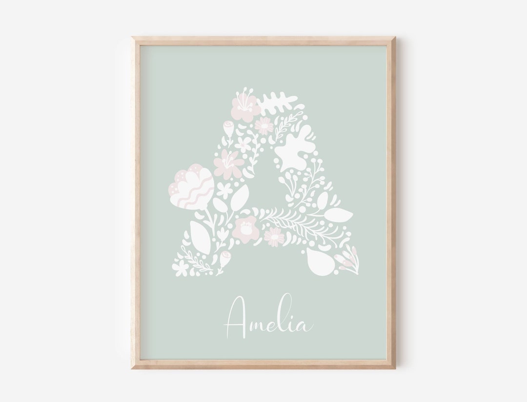 Sage Green Floral Name Print, Personalized Initial Name Print for Girls ...