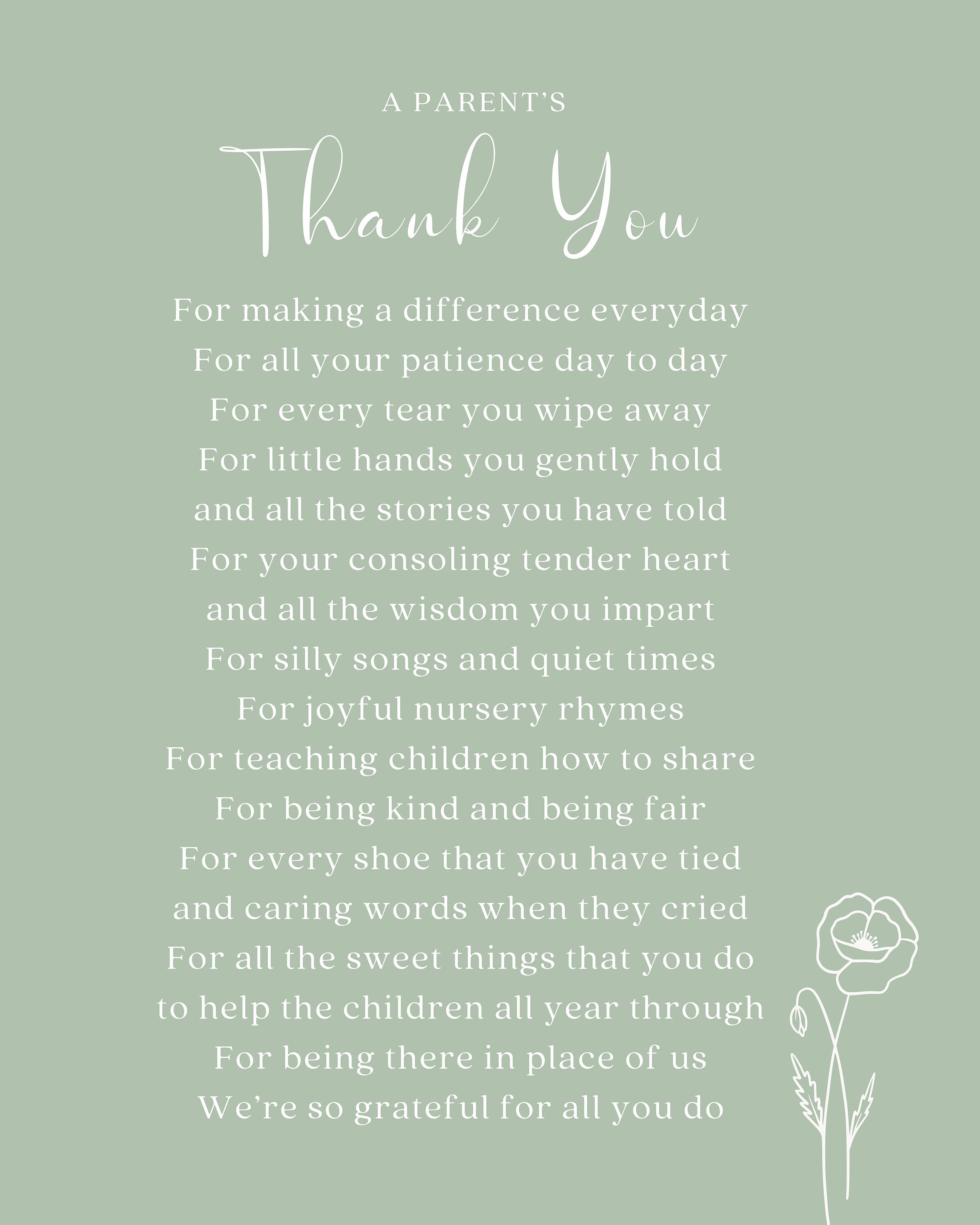 Teacher Thank You Gift, A Parents Thank You Poem Printable, Sage Green ...