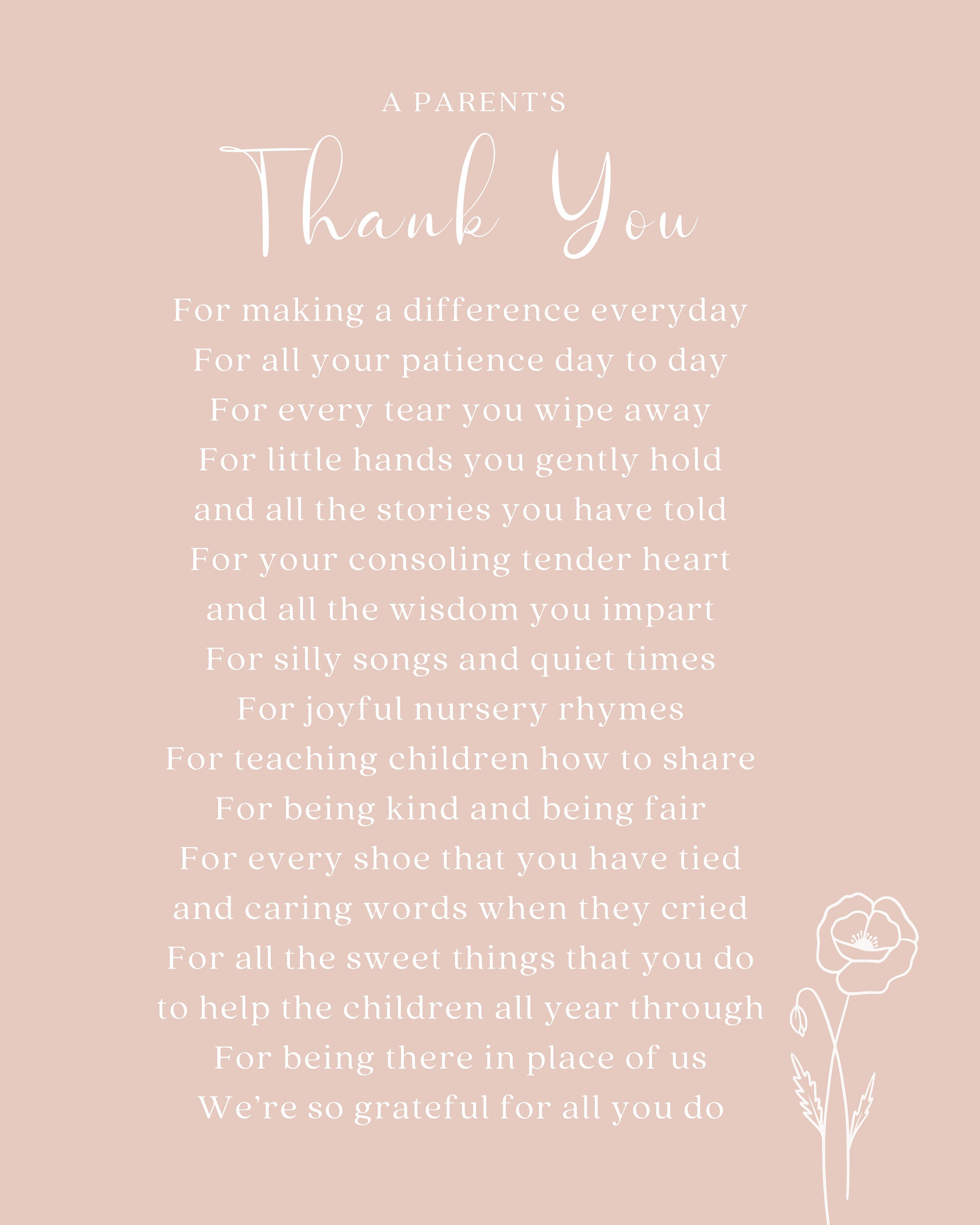 A Parents Thank You Poem Printable, Teacher Thank You Gift, Early ...