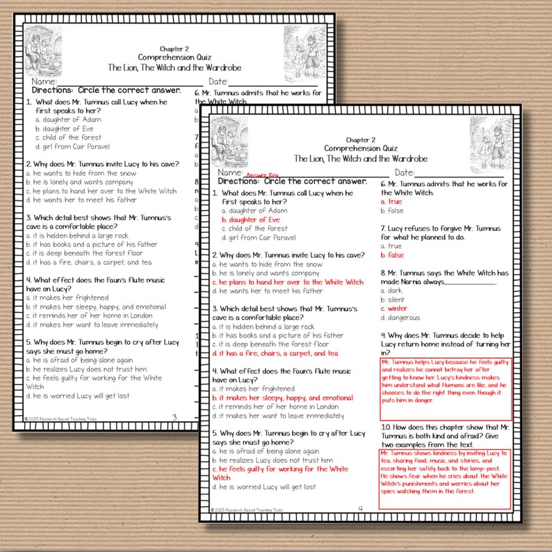 Lion Witch Wardrobe Chapter Quizzes Novel Study Assessments Reading ...