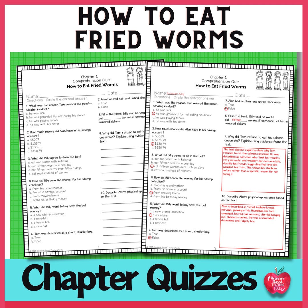 How to Eat Fried Worms Novel Study: Chapter Quizzes, Comprehension ...