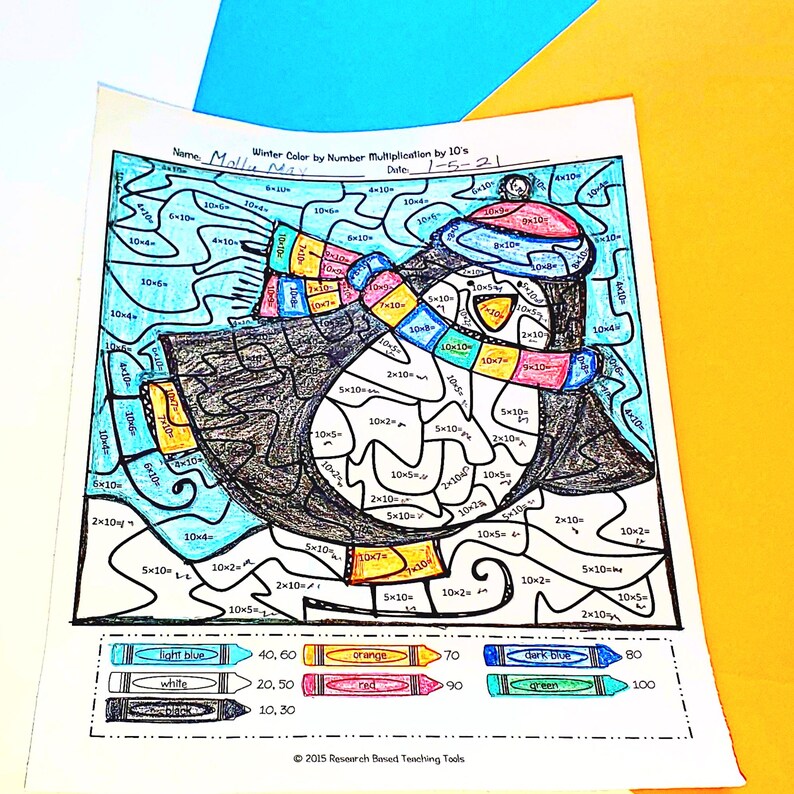 Winter-themed Multiplication Color-by-number Worksheets: Elementary ...