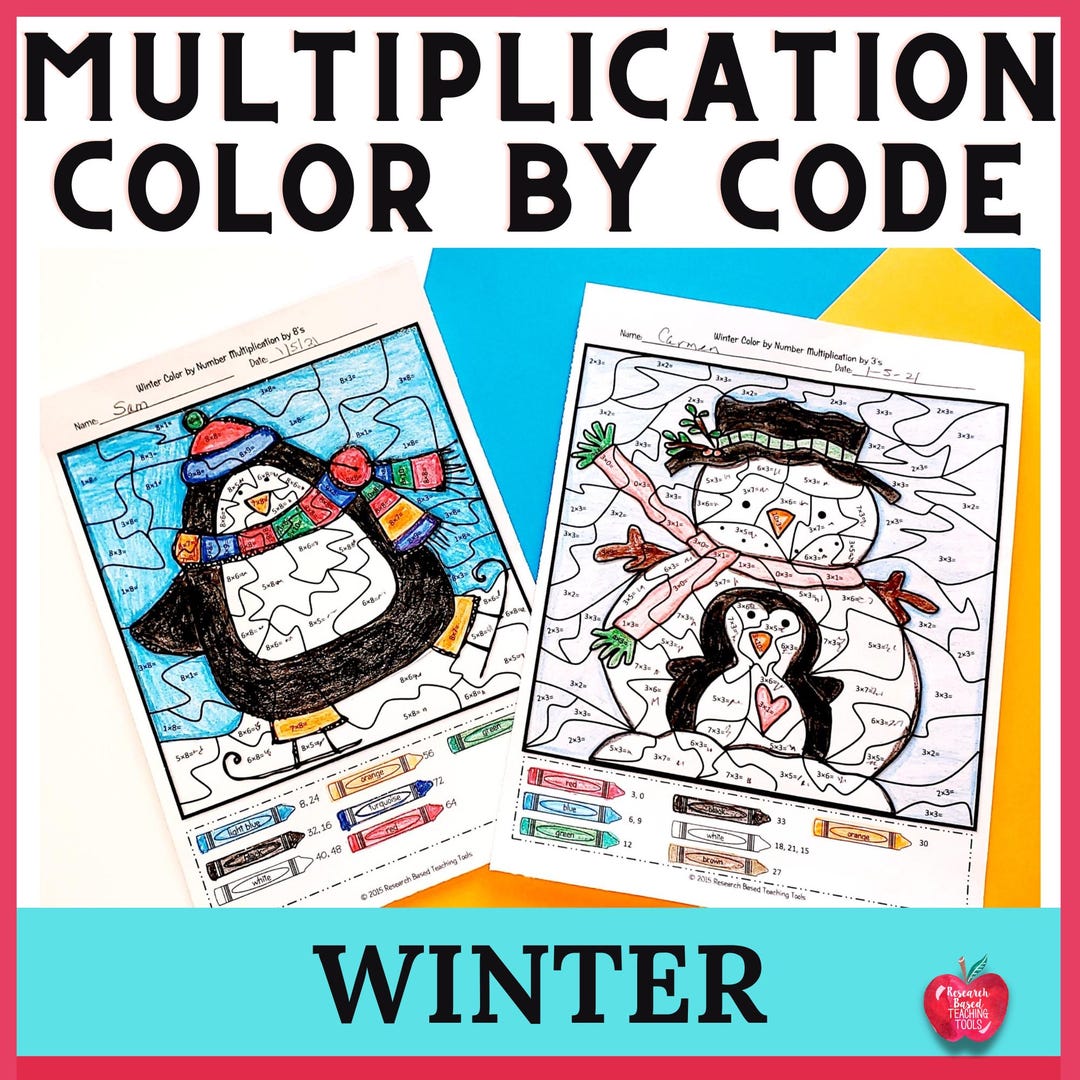 Winter-themed Multiplication Color-by-number Worksheets: Elementary ...