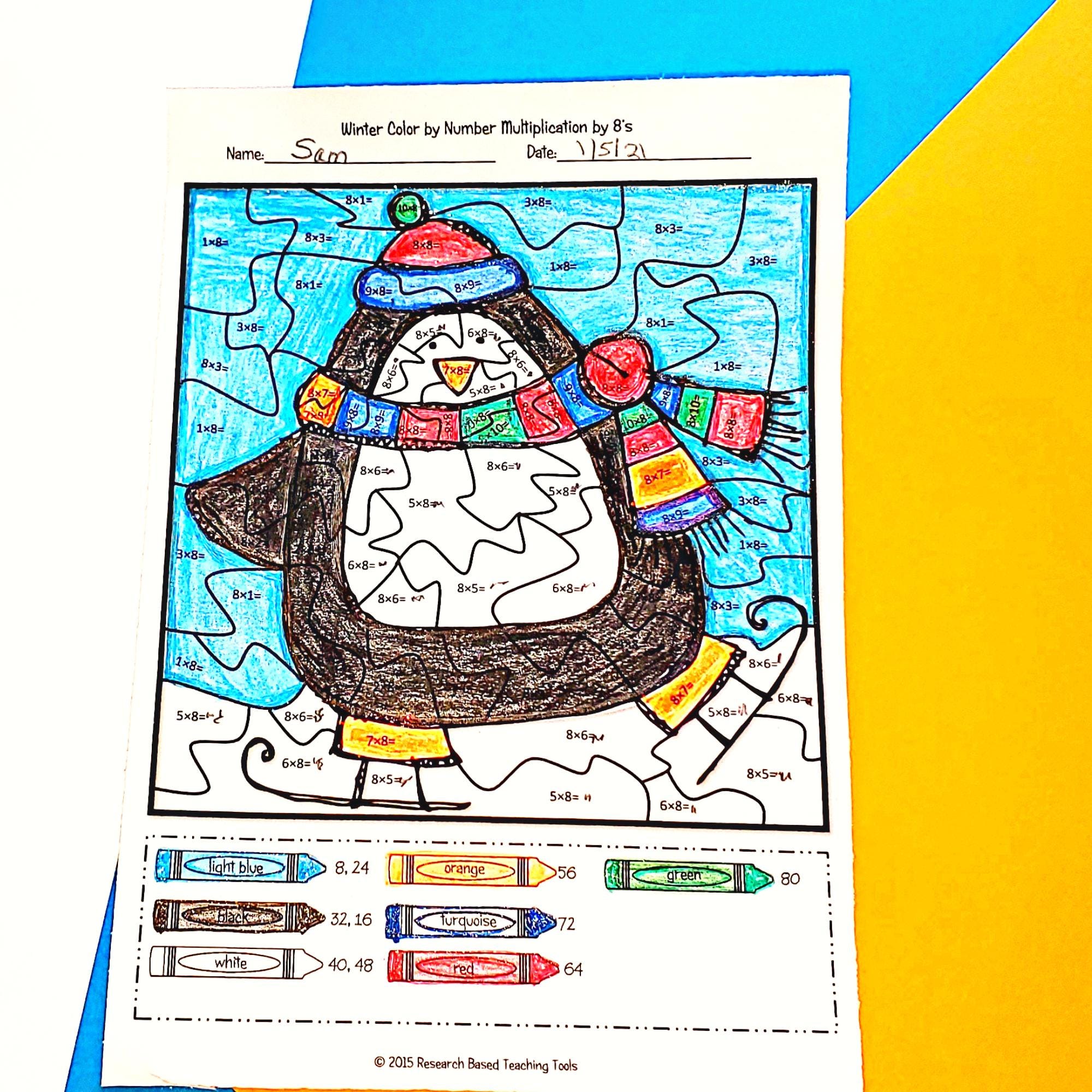 Winter-themed Multiplication Color-by-number Worksheets: Elementary ...