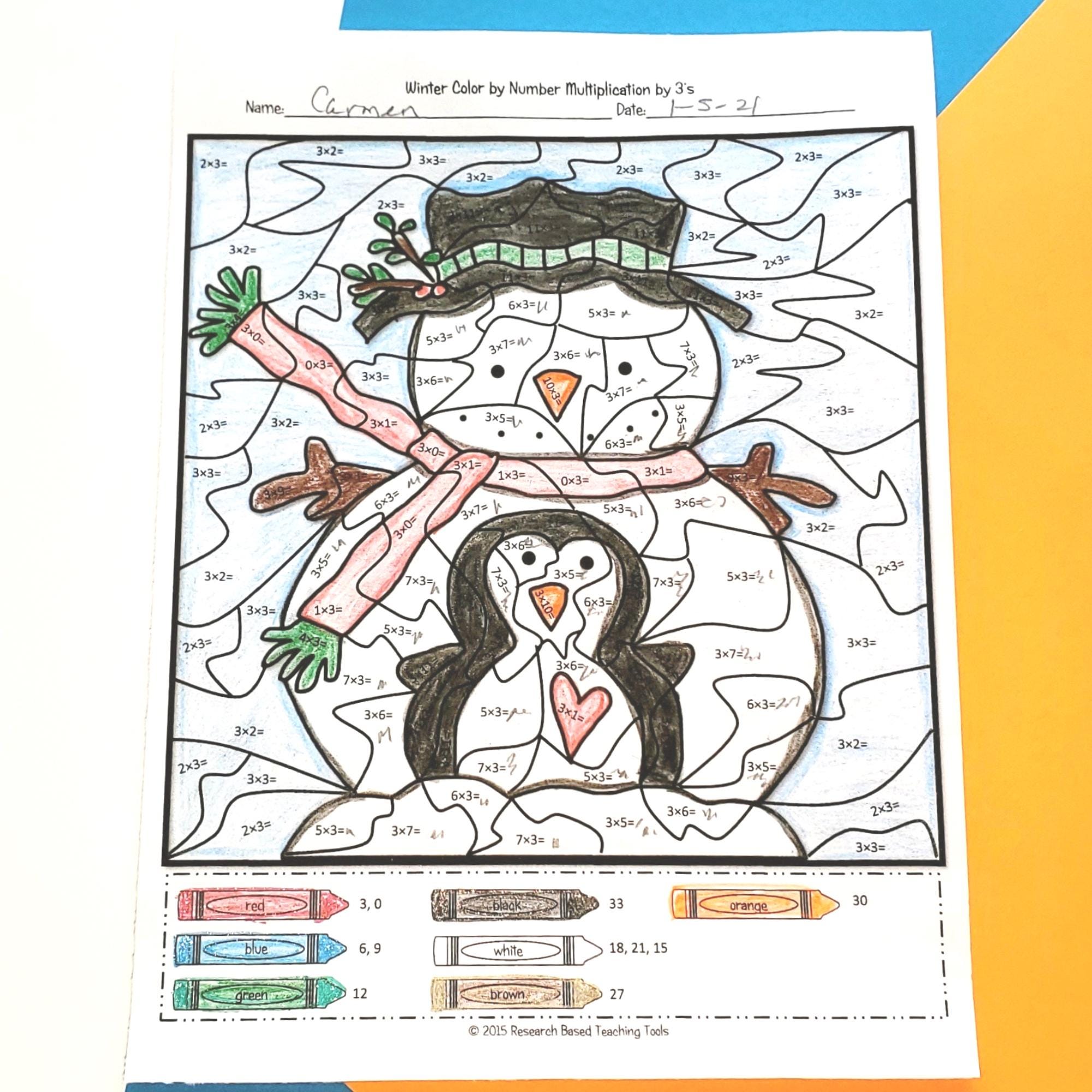 Winter-themed Multiplication Color-by-number Worksheets: Elementary ...