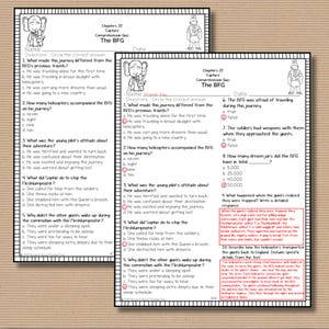 BFG Chapter Quizzes: Roald Dahl's Novel Comprehension Assessment With ...