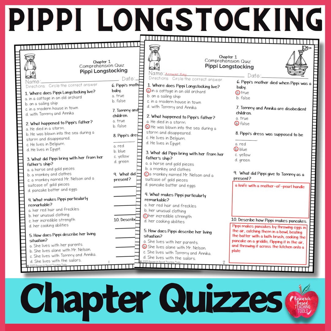 Pippi Longstocking Book Quizzes | Reading Comprehension Worksheets With ...