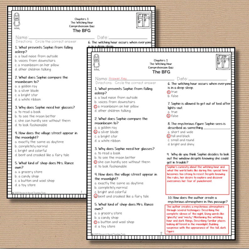 BFG Chapter Quizzes: Roald Dahl's Novel Comprehension Assessment With ...