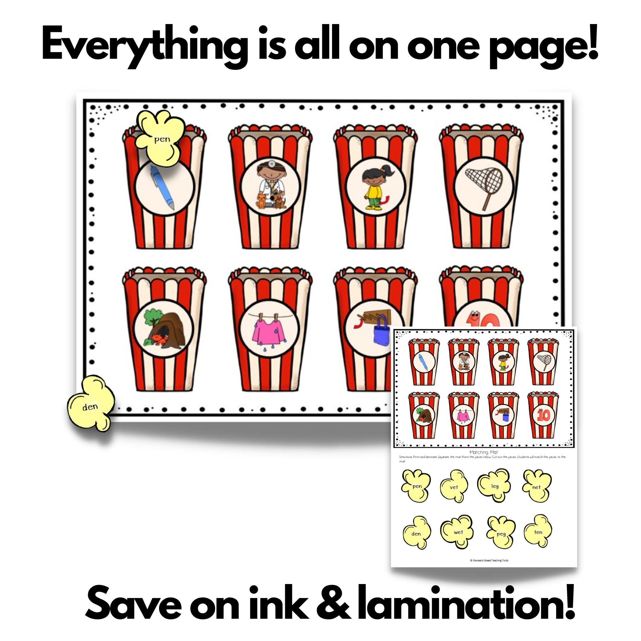 CVC Word Activities: Matching Mats Popcorn Theme - Etsy