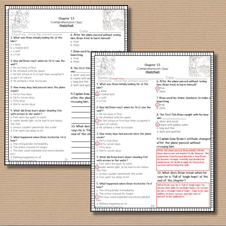 Hatchet by Gary Paulsen: Printable Chapter Quizzes & Comprehension ...